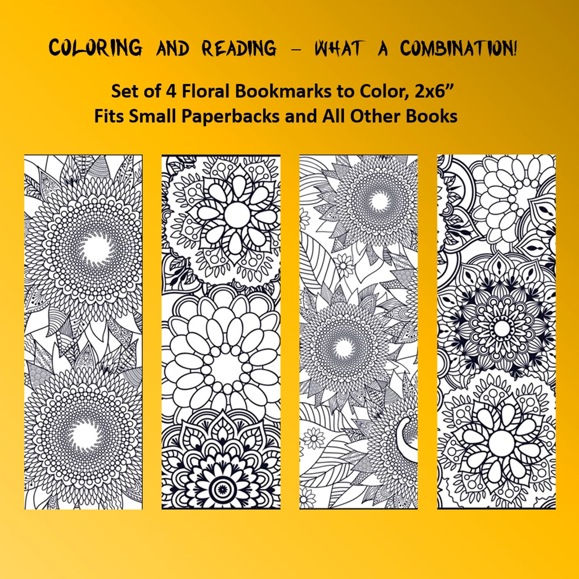 Coloring Floral Bookmarks Set of 4 Printable 2x6 Digital Delivery Color ...