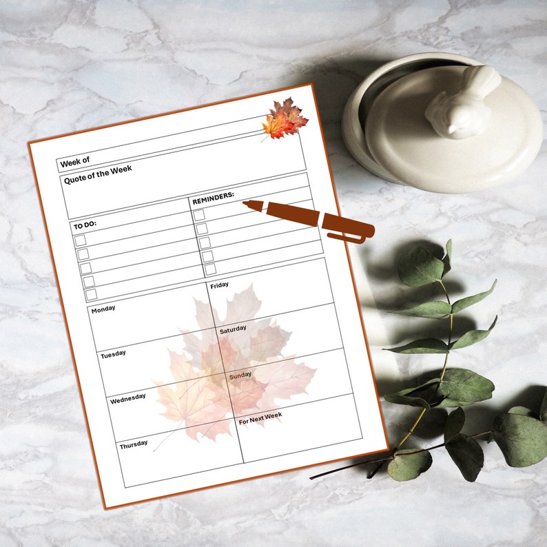 Weekly Overview Form Autumn Theme Printable 8.5x11 Print at Home ...