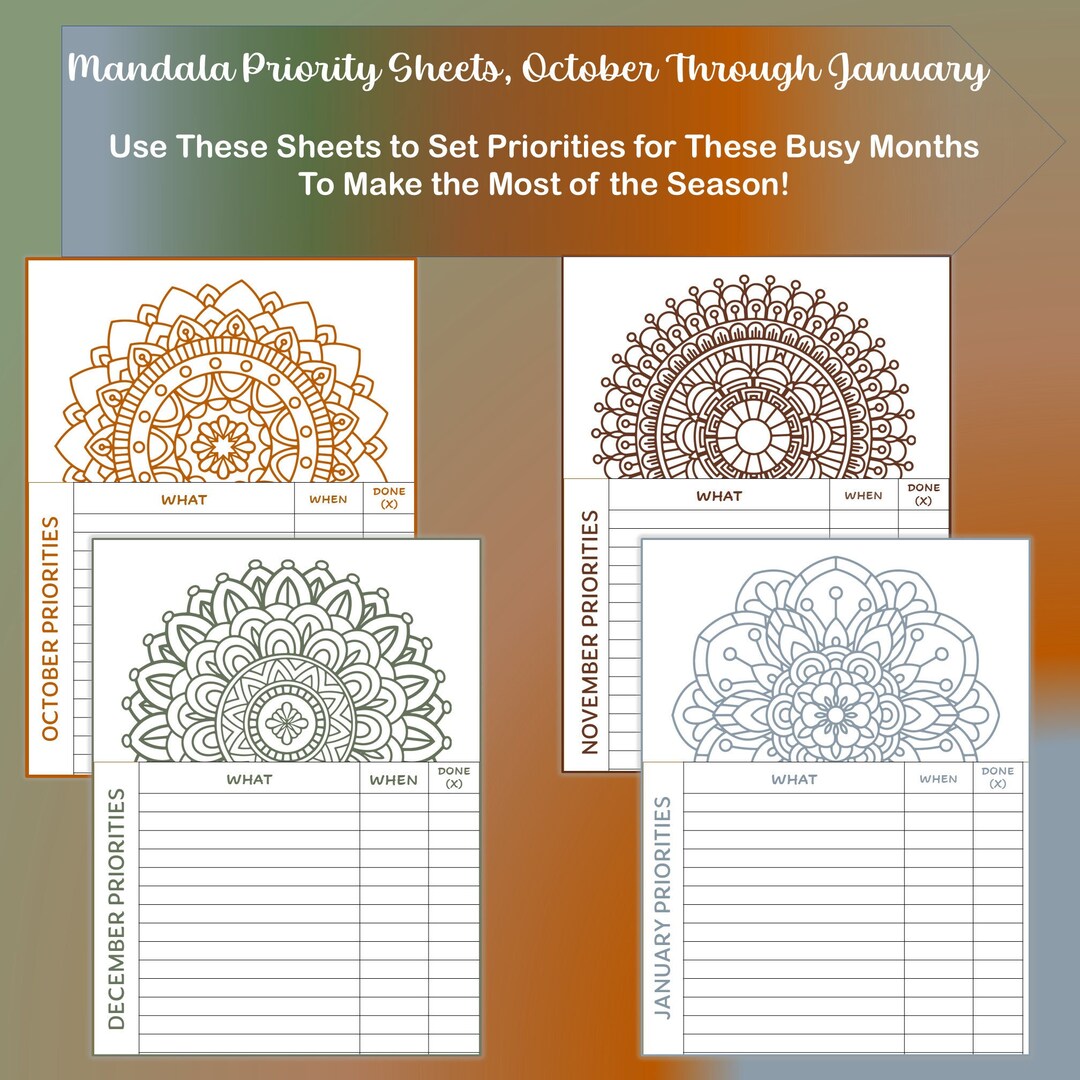 Mandala Priority Sheets: Holiday Planner, Coloring Pages (PDF) - Etsy