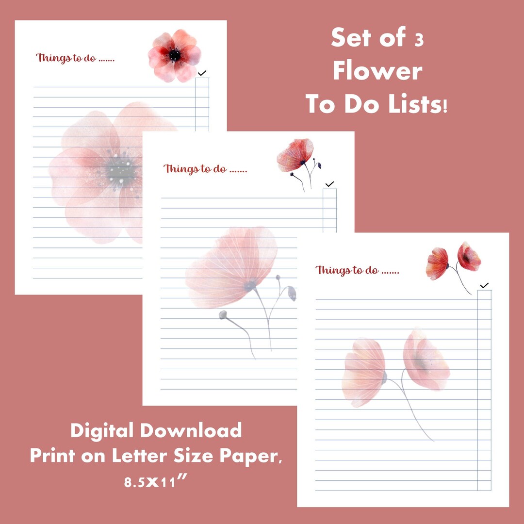 Floral to Do List Printable: Set of 3 Pink Flower Designs (digital ...