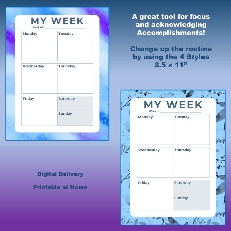 Week-at-a-glance Sheet | 4 Styles | Shades of Teel | Printable | 8.5x11 ...