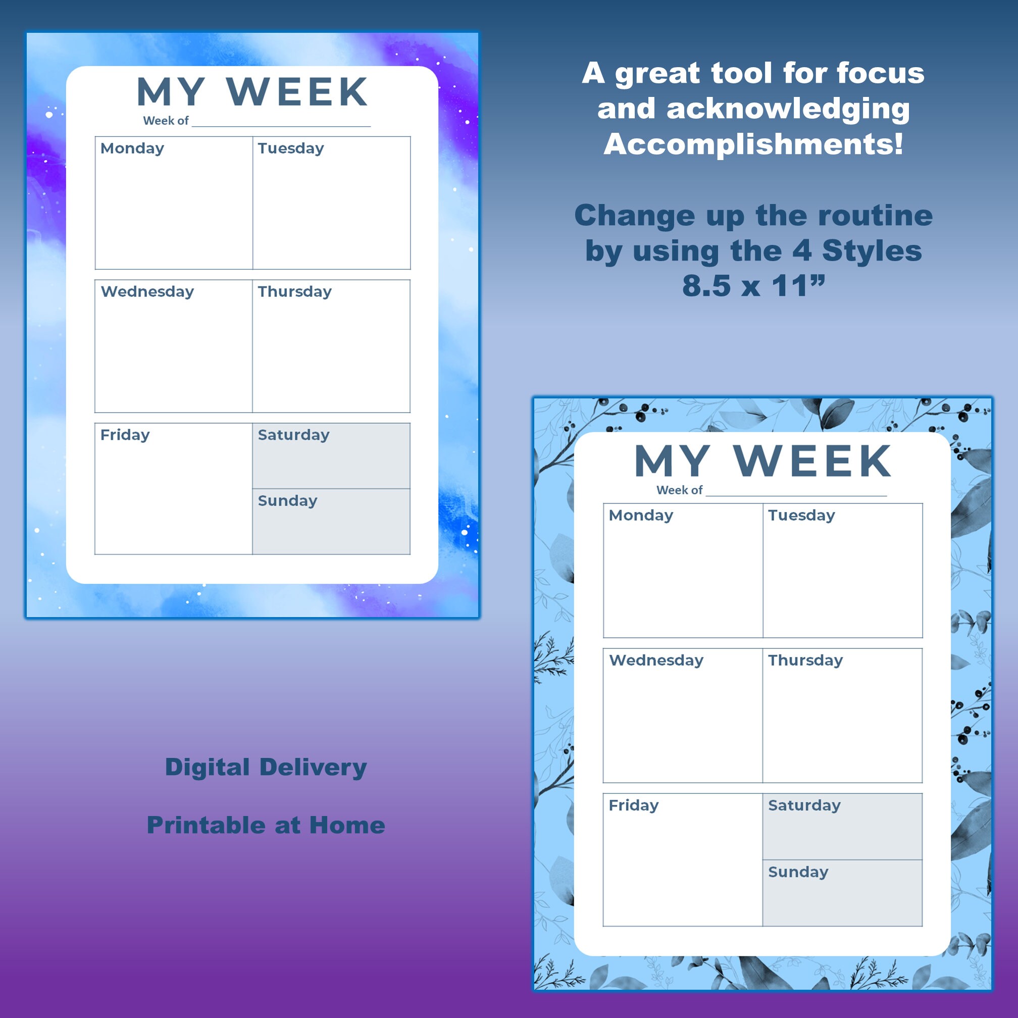 Week-at-a-glance Sheet 4 Styles Shades of Teel Printable 8.5x11 Print ...