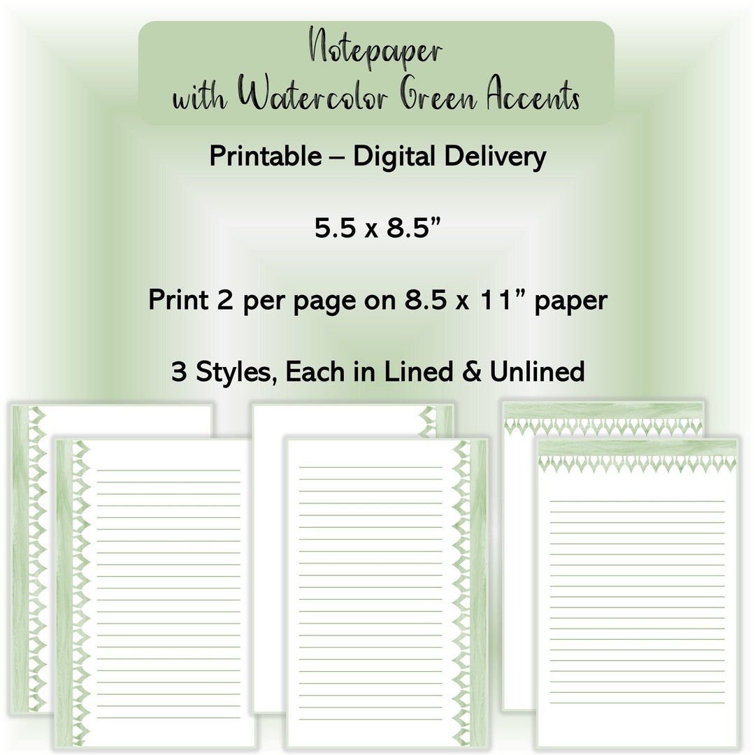Notepaper Green Accents | 5.5x8.5" | Print 2 per 8.5x11" Paper | 3 ...