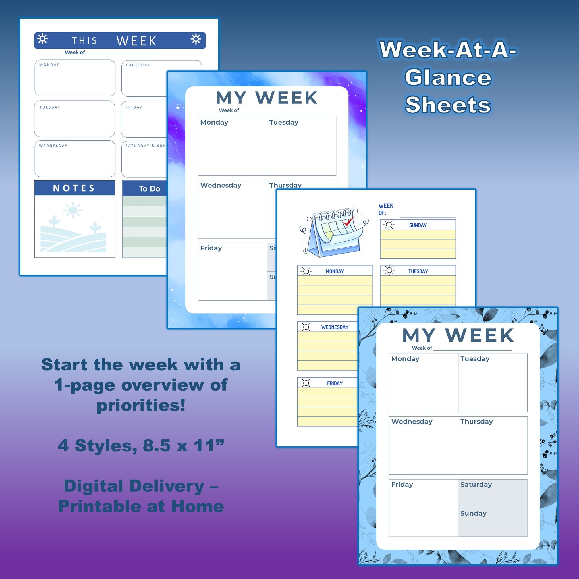 Week-at-a-glance Sheet 4 Styles Shades of Teel Printable 8.5x11 Print ...