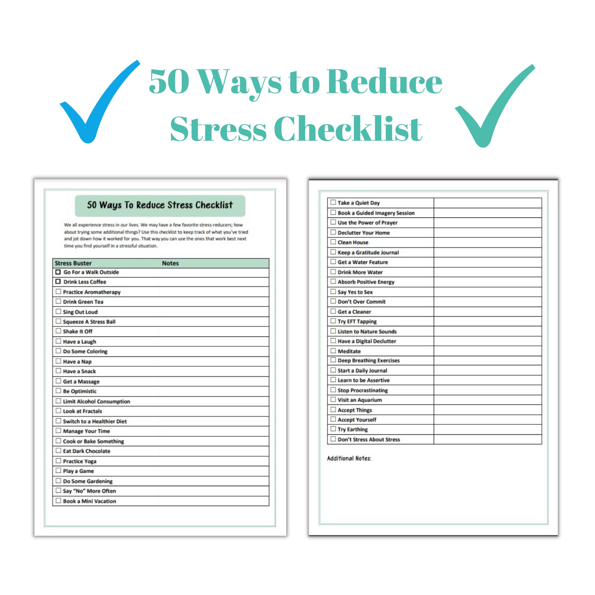 50 Ways to Reduce Stress Checklist | Printable | 8.5x11" |print at Home ...