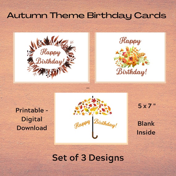 Autumn Theme Birthday Cards Printable Set 3 Designs - Etsy