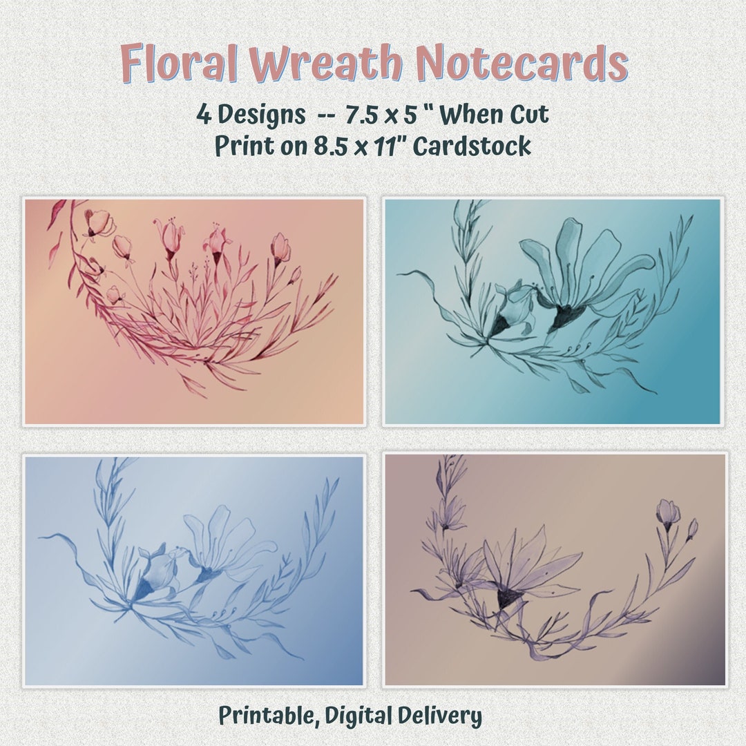 Floral Wreath Notecards | Blank Inside for Your Message | Printable ...