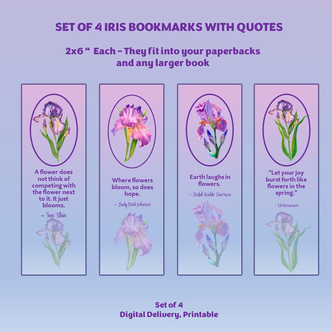 Iris Bookmarks | Set of 4 | Printable | 6x2" | Digital Delivery ...