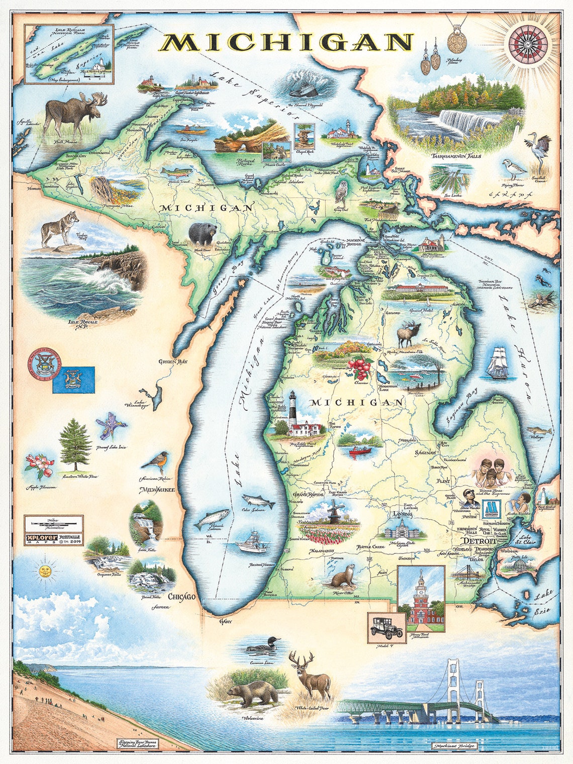 Michigan Hand-drawn Map Poster | Vintage Style Lithograph Art Print - Etsy