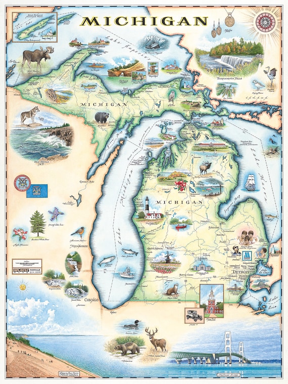 Michigan State Hand-drawn Map Poster Authentic 18x24-vintage - Etsy