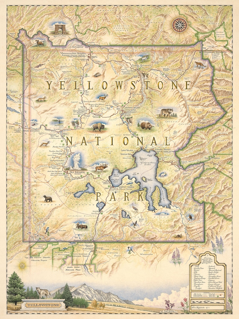 Yellowstone National Park Map Wall Art Poster Authentic Hand - Etsy