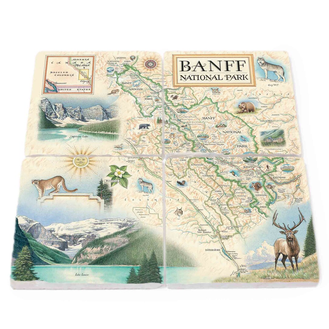 Banff National Park Map Natural Stone Coasters - Set of 4, Made in USA ...