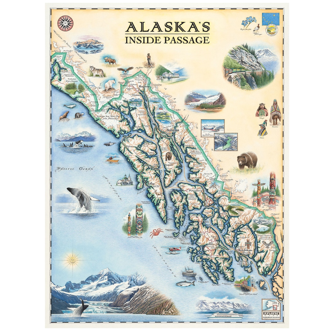 Alaska's Inside Passage Hand-drawn Map Poster | Authentic 18x24 ...