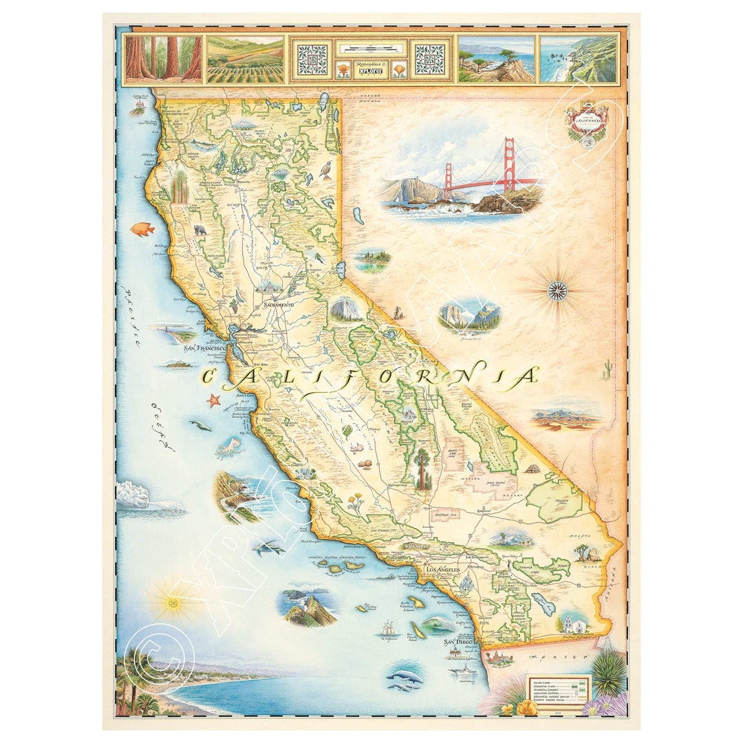 California Hand-drawn Map Poster | Vintage Style, Lithographic Print - Etsy