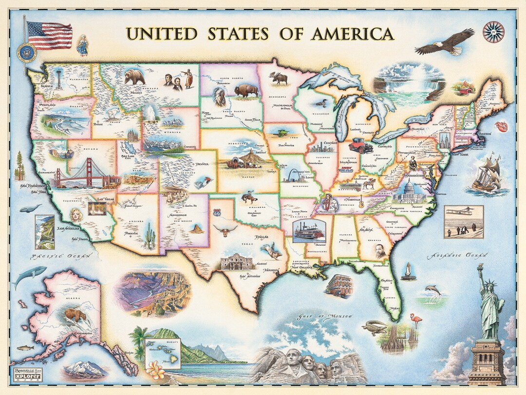 Hand-drawn USA Map Poster | Vintage-style Lithographic Print - Etsy