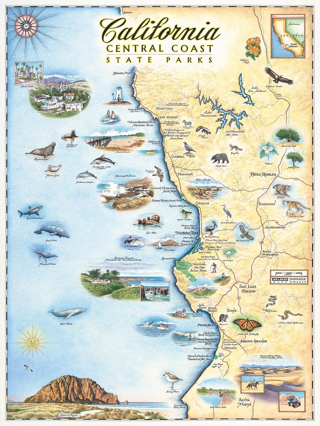 California Central Coast State Parks Hand-drawn Map-authentic 18x24 ...