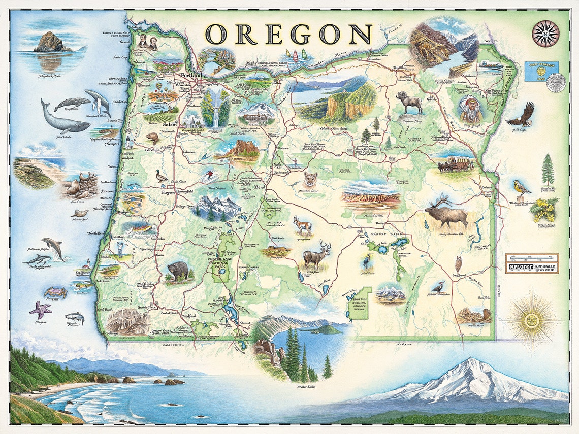 Oregon State Hand-drawn Map Lithographic Art Print | 24x18 Vintage ...