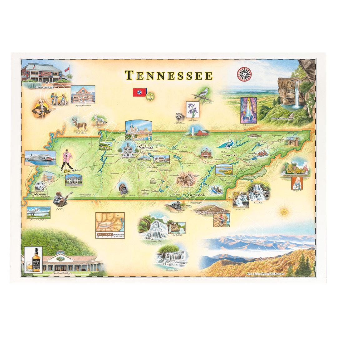 Tennessee State Hand-drawn Map | Authentic 24x18 Vintage-style ...