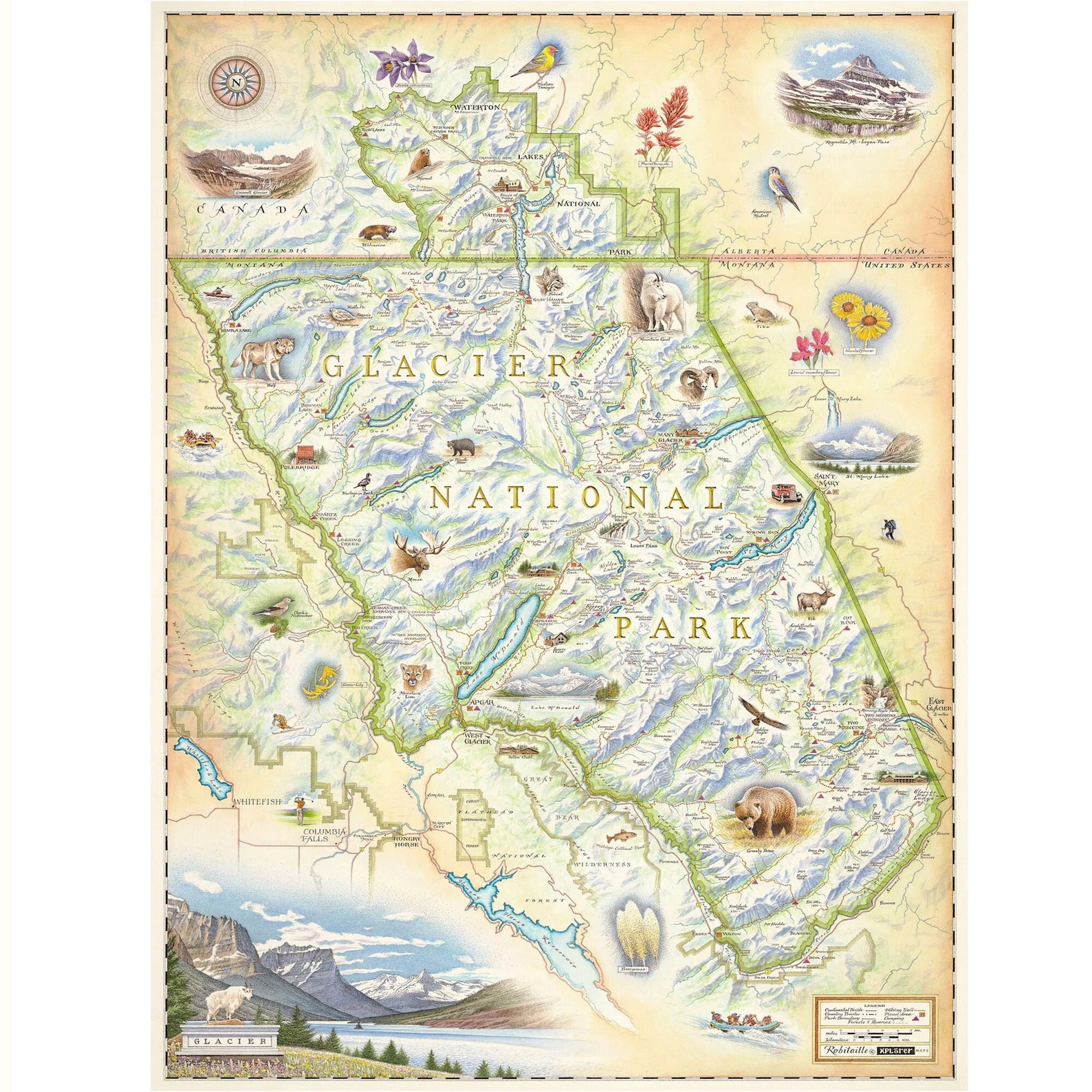 Glacier National Park Hand-drawn Map Poster - Authentic 18x24 Vintage ...