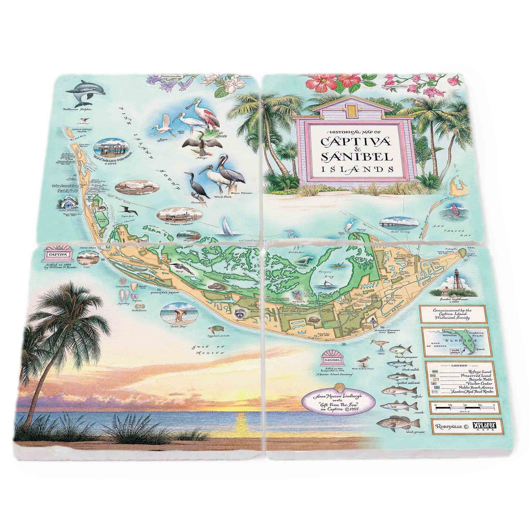 Florida's Sanibel & Captiva Islands Map Natural Stone Coasters - Set of ...