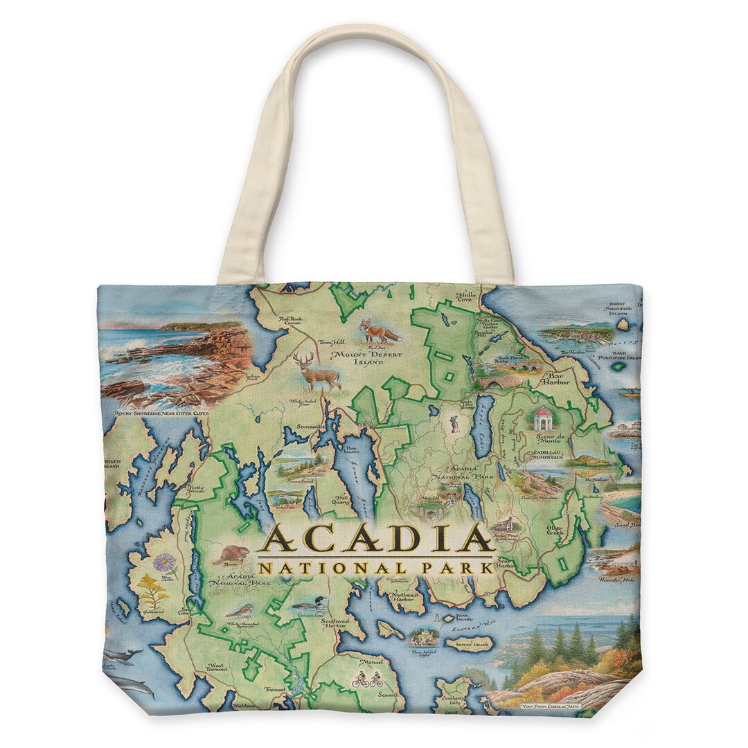Acadia National Park Map Canvas Tote - Reusable & Eco-friendly Grocery ...