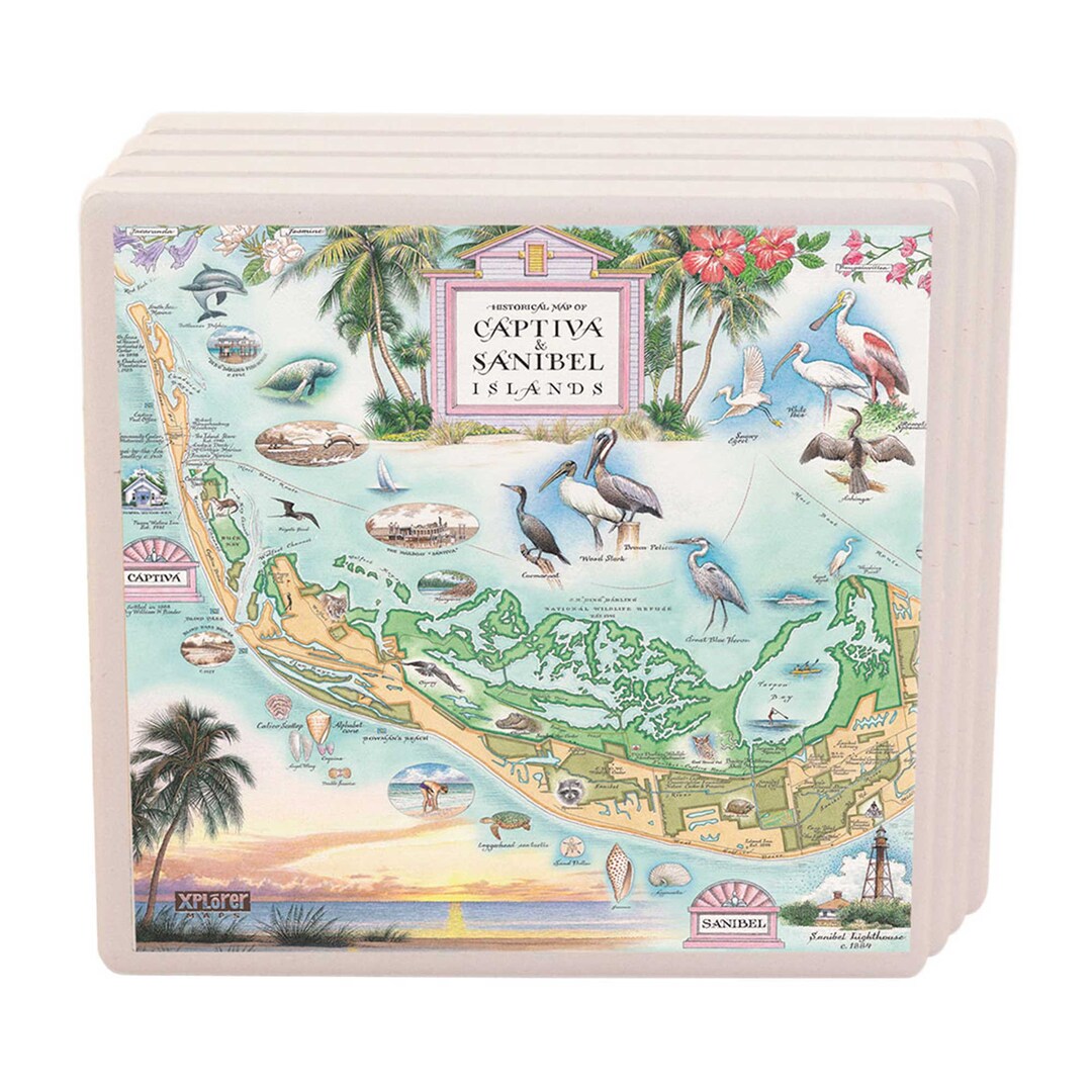 Florida's Sanibel-captiva Map Ceramic Coaster With Cork Base Set of 4 ...