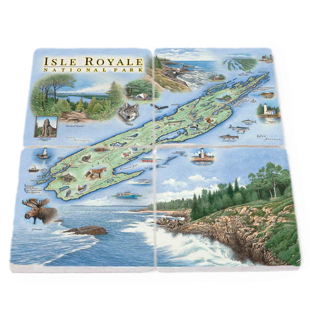 Isle Royale National Park Map Natural Stone Coasters - Set of 4, Made ...