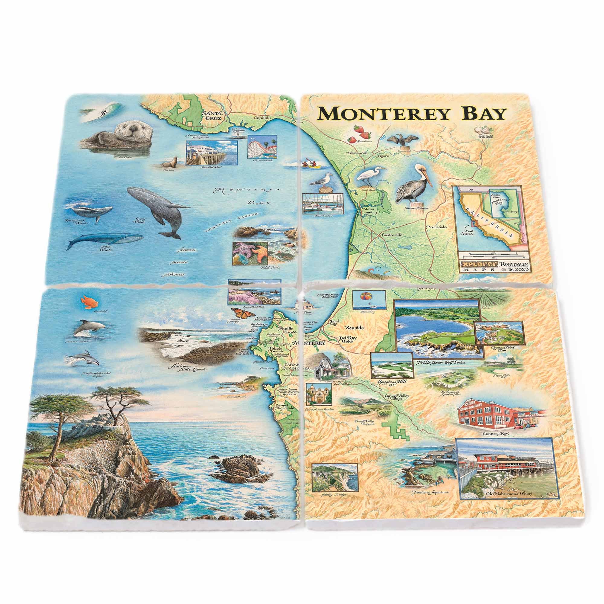 Monterey Bay, California Map Natural Stone Coasters - Set of 4, Made in ...