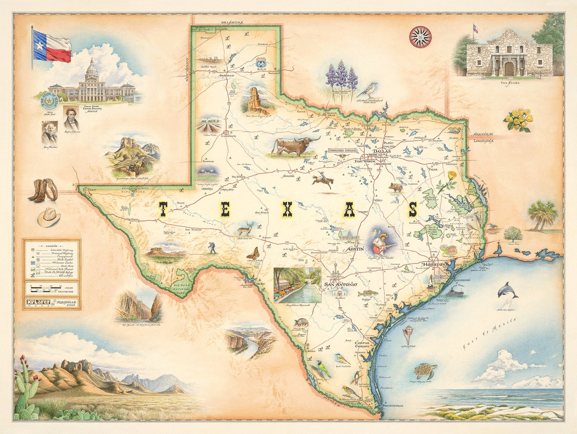 Texas State Map Poster | Hand-drawn Vintage-style Art Print - Etsy