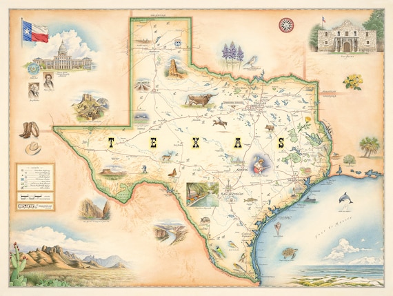 Texas State Hand-drawn Map Poster Authentic 24x18 - Etsy
