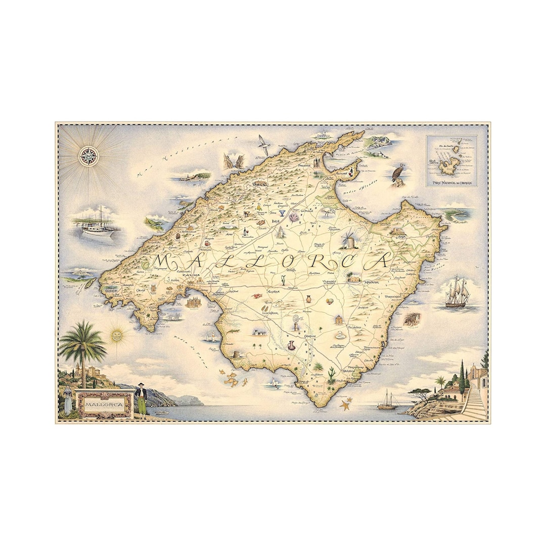 Mallorca Island Hand-drawn Map Poster | Authentic 24x18 Vintage-style ...