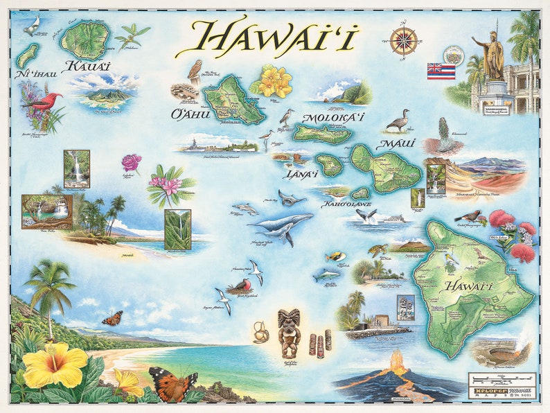Hawaiʻi State Hand-drawn Map Poster Authentic - Etsy