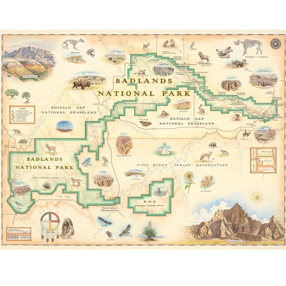 Badlands National Park Hand-drawn Map Poster Authentic 24x18 - Etsy