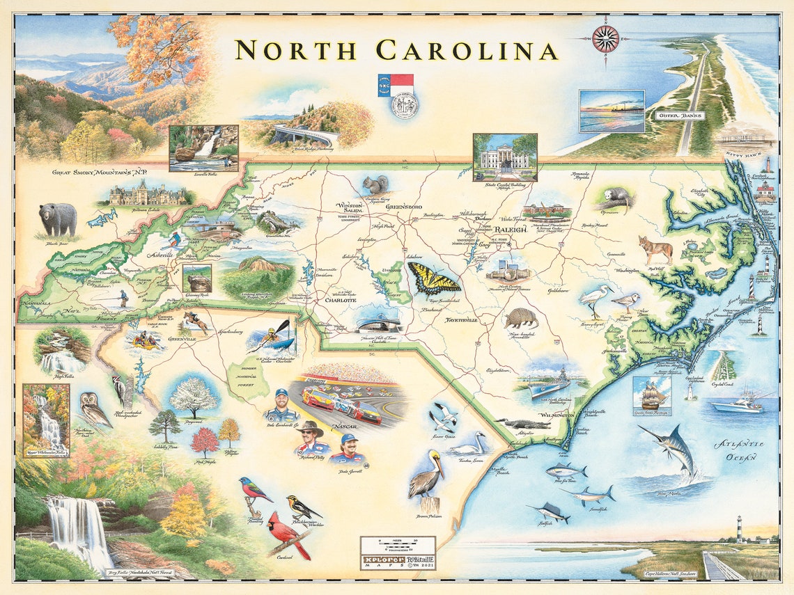 North Carolina Hand-drawn Map Poster | Vintage Style Lithograph Art - Etsy