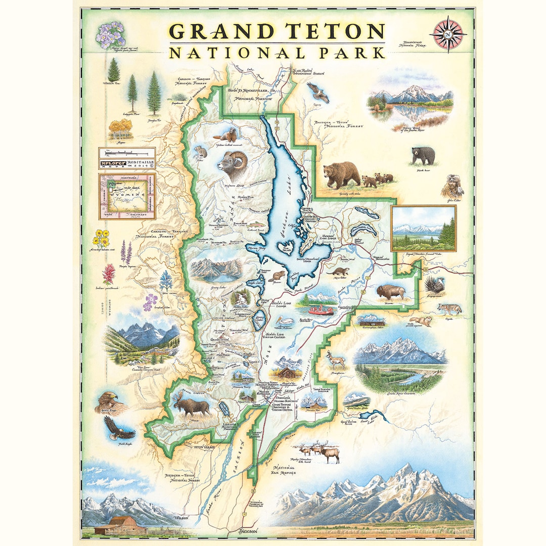 Grand Teton National Park Hand-drawn Map - Authentic 18x24 Vintage ...
