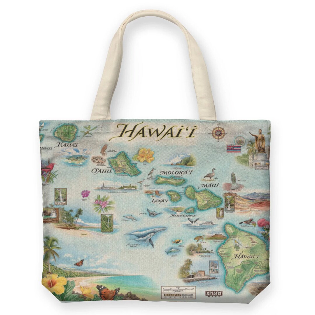 Hawai'i State Map Canvas Tote Bag With Handles - Reusable, Eco-friendly ...