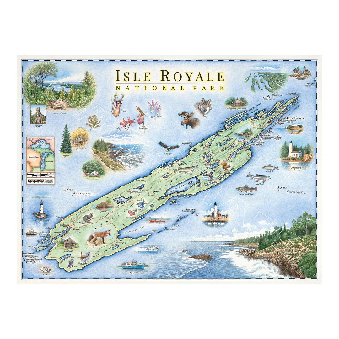 Isle Royale National Park Hand-drawn Map Poster | Authentic 24x18 ...