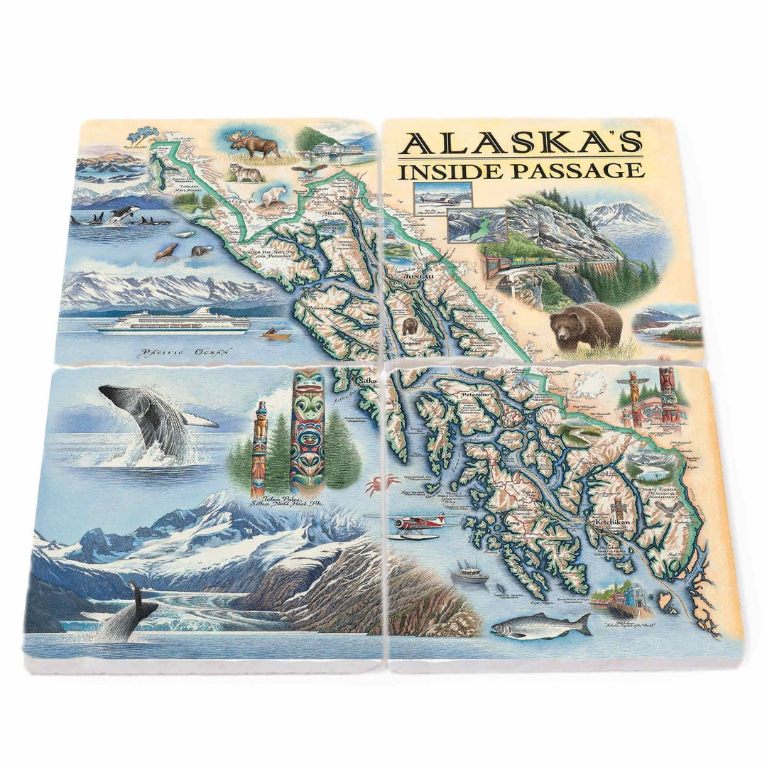 Alaska Inside Passage Map Natural Stone Coasters - Set of 4, Made in ...