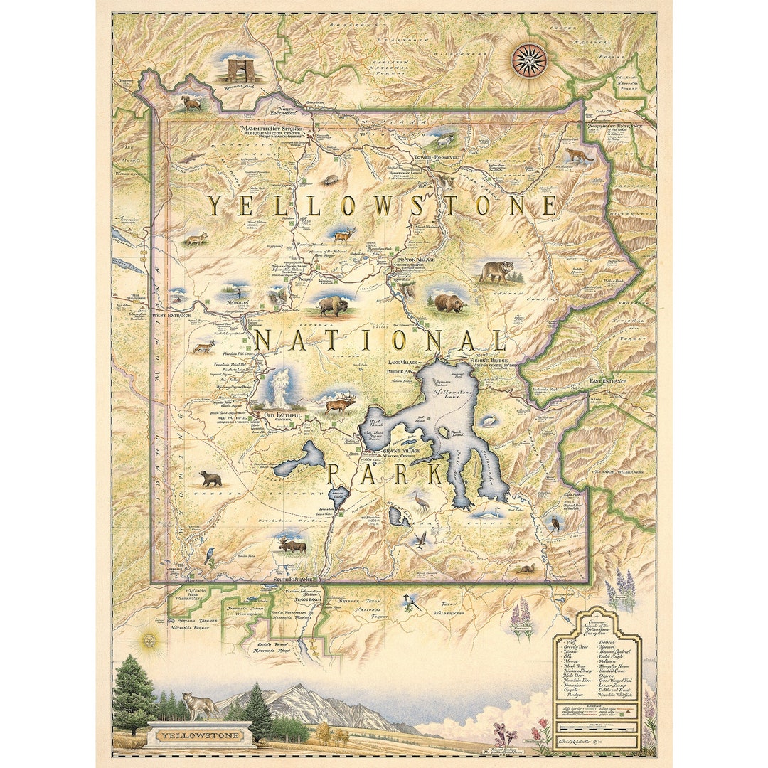 Yellowstone National Park Hand-drawn Map Poster-authentic 18x24 Vintage ...