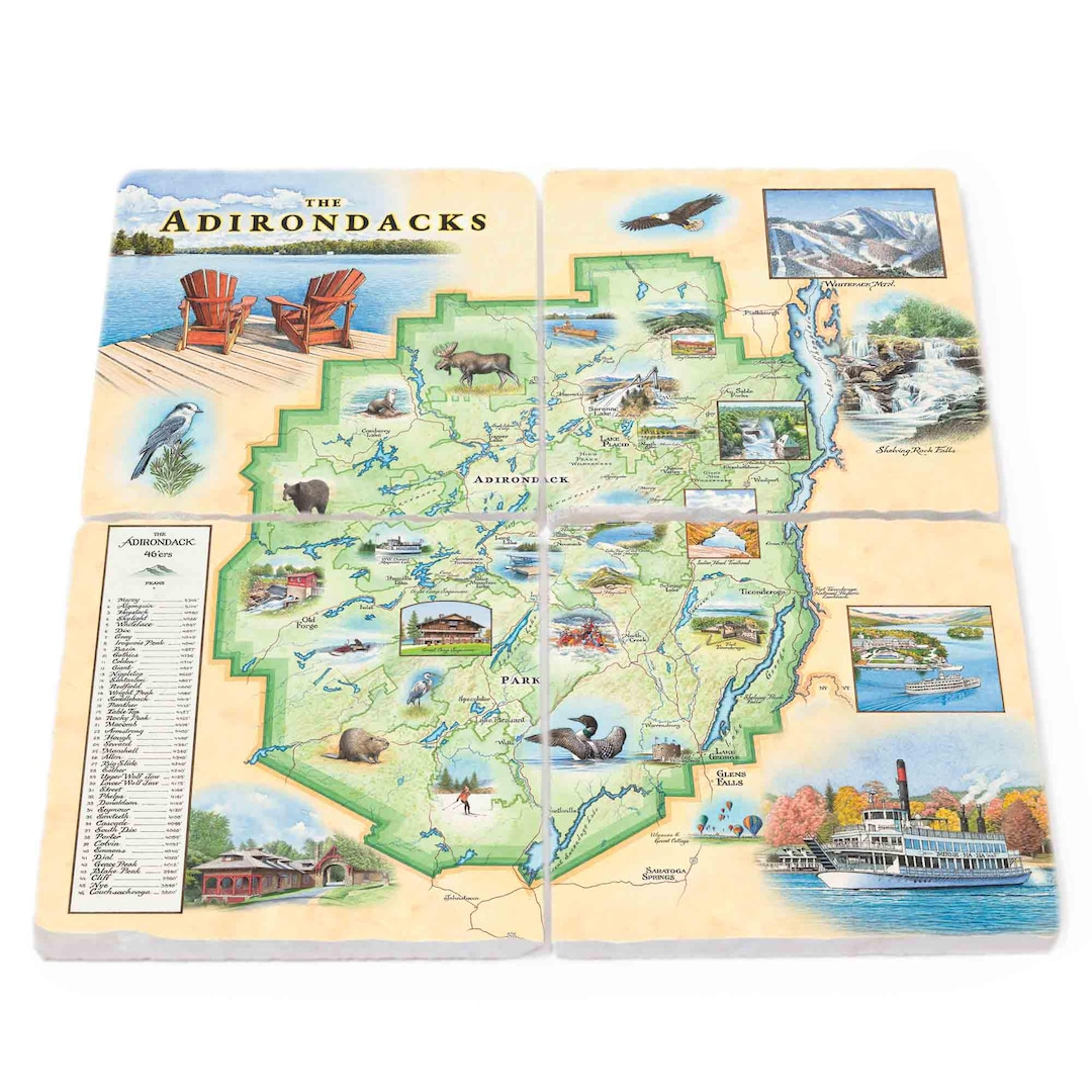 Adirondacks, New York Map Natural Stone Coasters - Set of 4, Made in ...