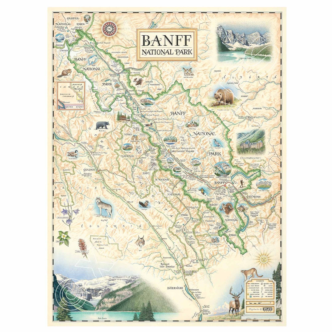 Banff National Park Map Poster | Hand-drawn, Vintage Style Lithograph ...