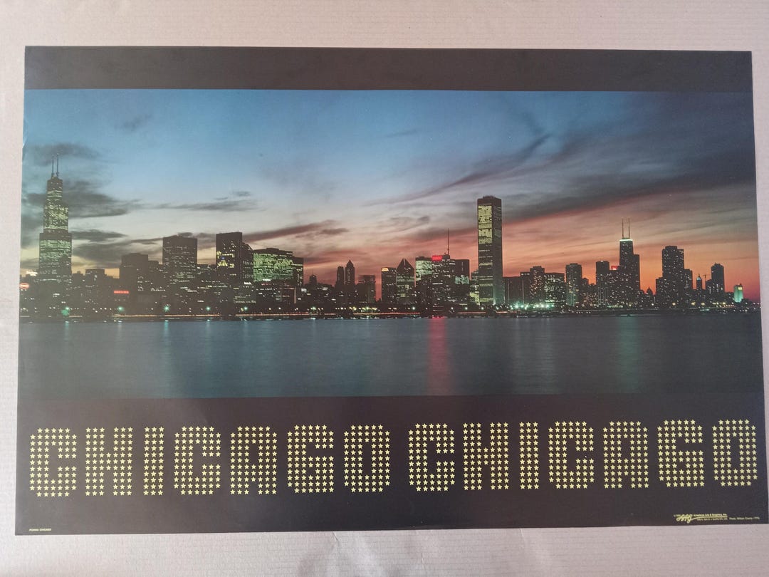 1988 Vintage Original Chicago Skyline at Sunset Poster City Lights Lake ...