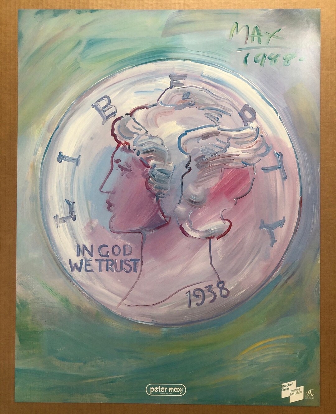 Original Vintage Poster Peter Max 1988 March of Dimes Dime Coin Woman ...