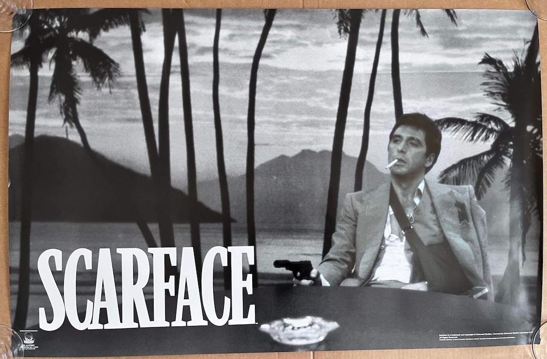 Scarface Vintage Poster Sitting at Desk Hand Gun Cigarette Black and ...