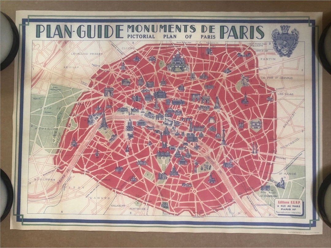 Plan Guide Monuments of Paris Visitor Map France Pop Art French Decor ...