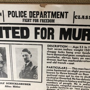 Wanted for Murder Poster Hitler 1945 Original Vintage Posters Police ...