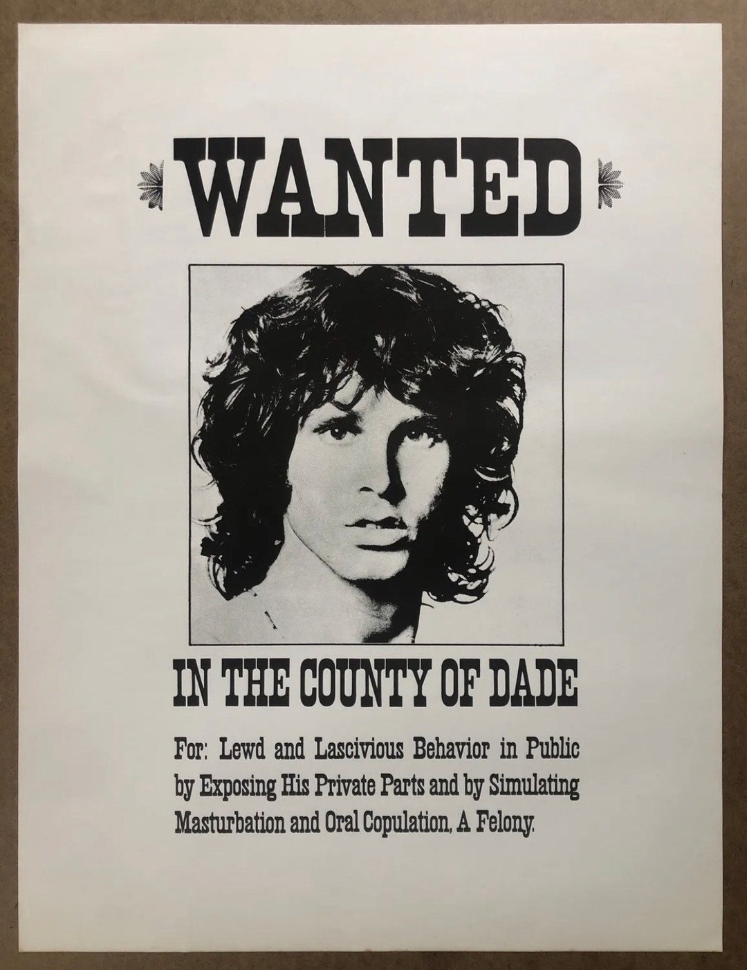 Wanted Jim Morrison Vintage Poster Dade County Headshop Promo Counter ...