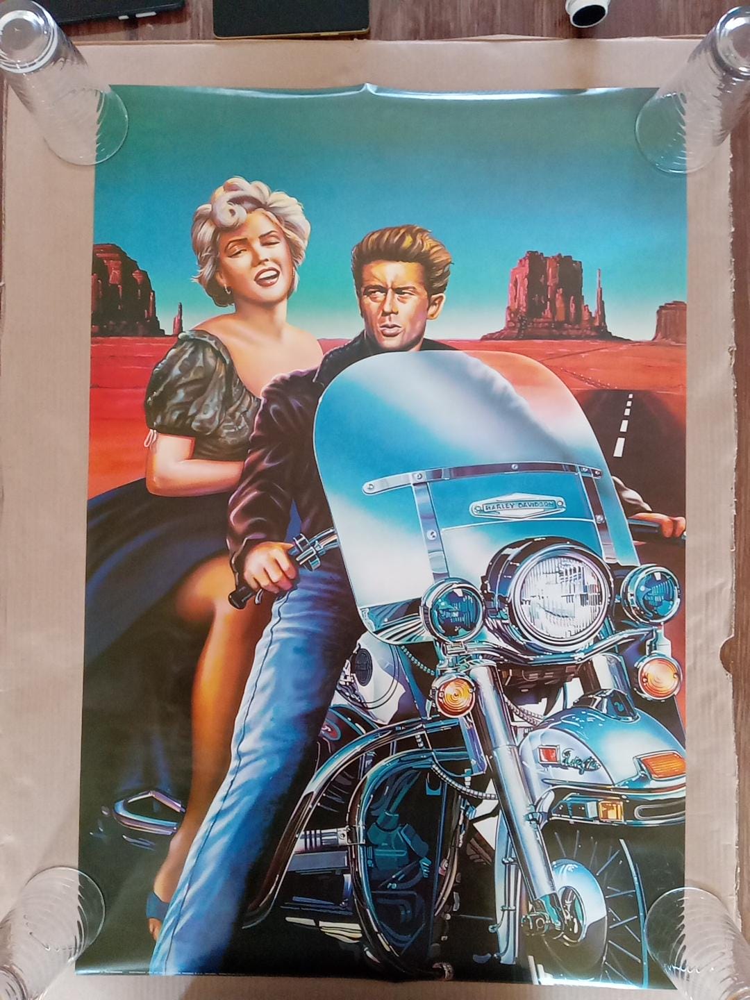 Vintage Poster James Dean and Marilyn Monroe on Motorcycle Illustration ...