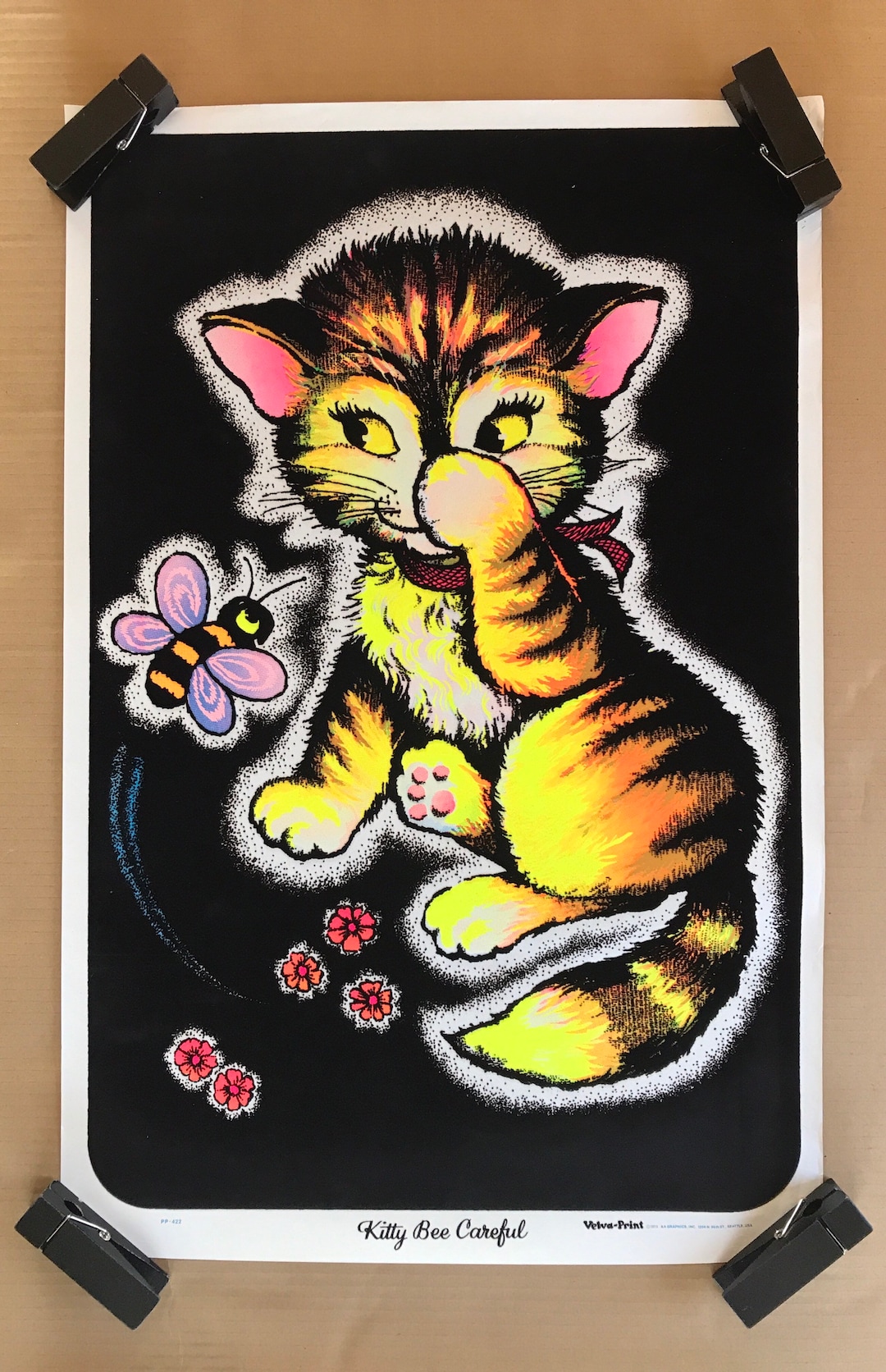 Vintage Original 1973 Kitty Bee Careful Pinup 1970s Velvet Blacklight ...