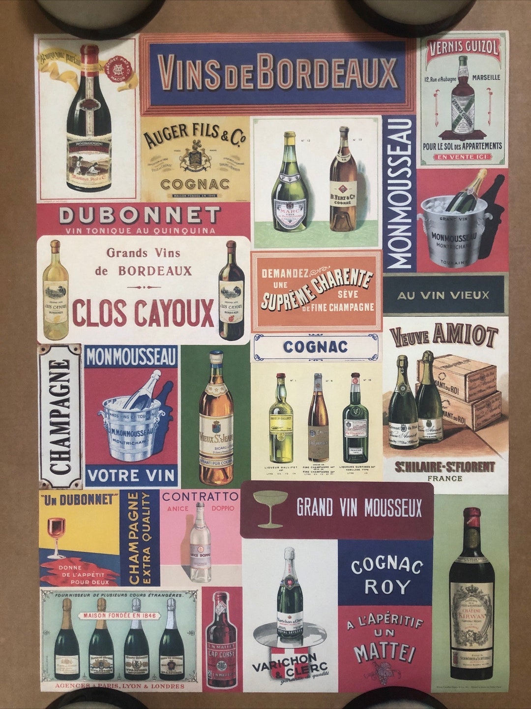 Vins De Bordeaux Poster Collage Champagne Cognac Alcohol Spirits Bar ...